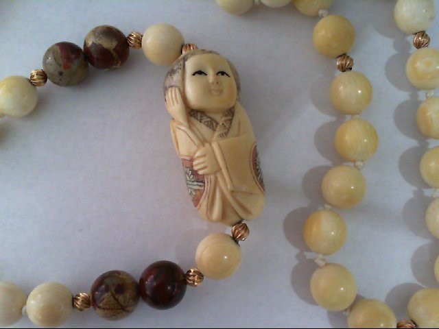 IVORY NECKLACE W/ 1.5IN NETSUKE AND BRECCIATED JASPER 32 INCHES 70.5 ...