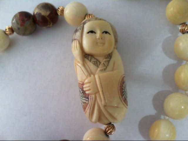 IVORY NECKLACE W/ 1.5IN NETSUKE AND BRECCIATED JASPER 32 INCHES 70.5 ...