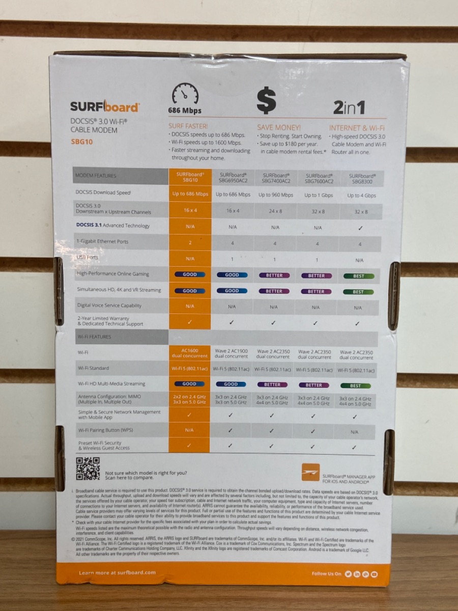 ARRIS SBG10 SURFboard® DOCSIS® 3.0 Cable Modem & Wi-Fi® Router Brand ...