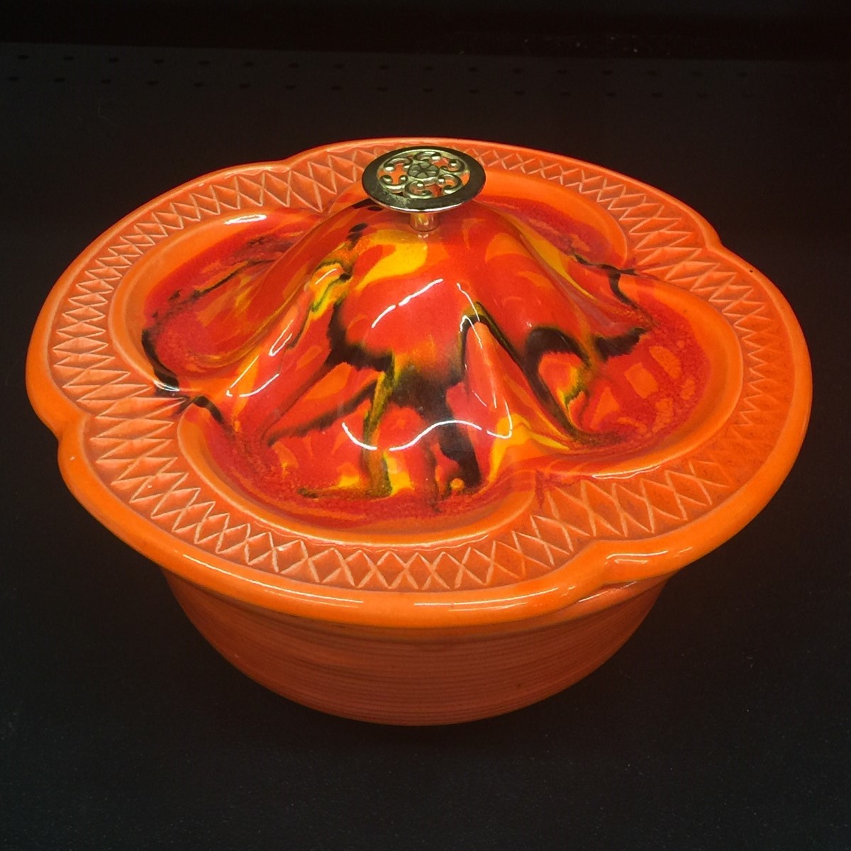 VINTAGE MCM CAL. ORIG USA RED/ORANGE LAVA DRIP GLAZE CASSEROLE DISH ...