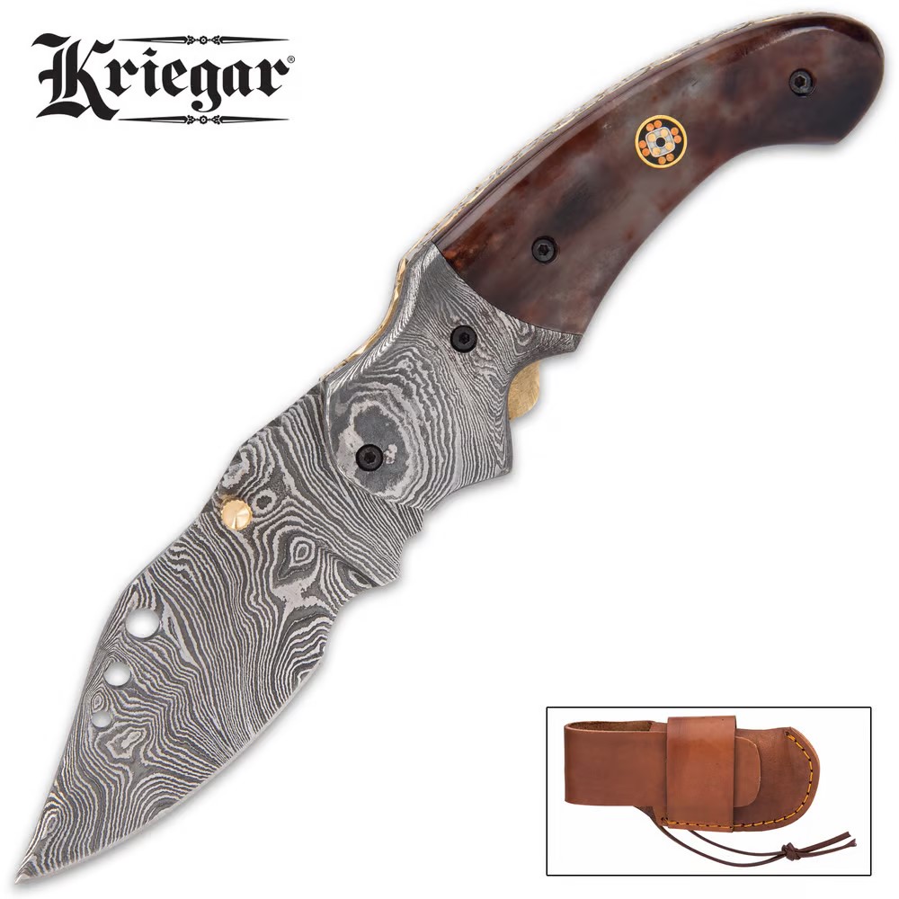Kriegar Brownleaf Pocket Knife - Damascus Steel Blade, Bone Handle ...