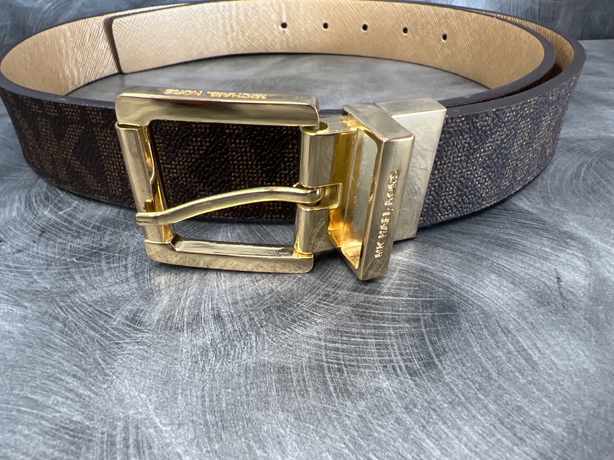 MICHAEL KORS REVERSIBLE BELT, ONE SIDE MK MONOGRAM IN BROWN AND ACORN ...