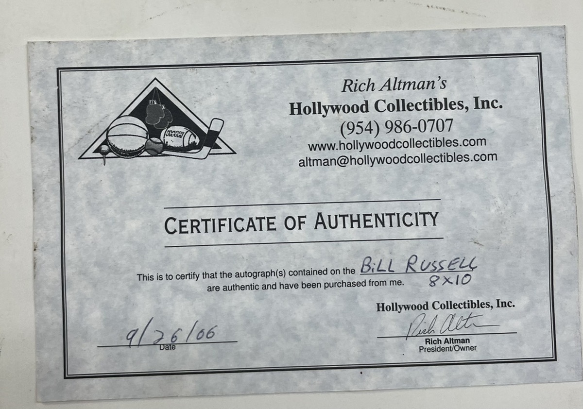 BILL RUSSELL SELF SIGNED MEMORABILIA PRINT PLAQUE Very Good | Buya