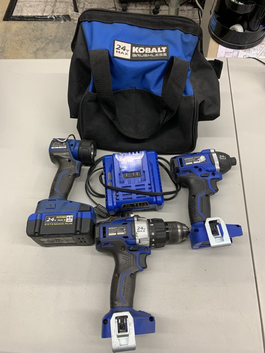 KOBALT 24V MAX CORDLESS BRUSHLESS 2 DRILLS, GRINDER, BATTERY, CHARGER ...