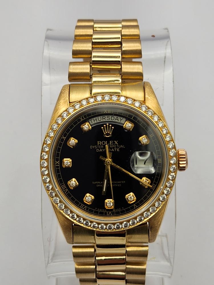 ROLEX PRESIDENT 18K DAY-DATE, DIAMOND BEZEL & BLACK DIAMOND DIAL Like ...