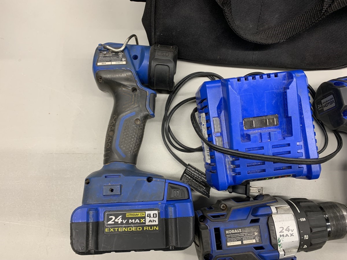 KOBALT 24V MAX CORDLESS BRUSHLESS 2 DRILLS, GRINDER, BATTERY, CHARGER ...