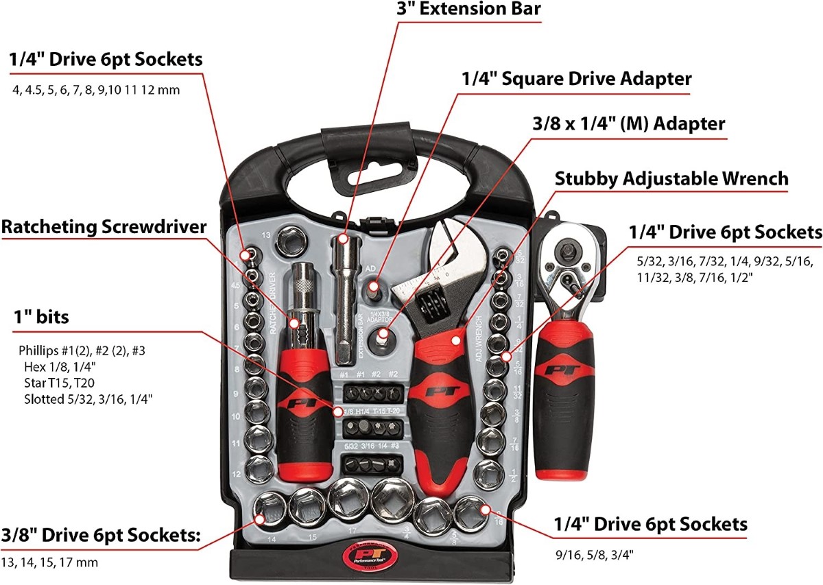 New Performance Tool W39000 (v3) 45-Pcs SAE Metric Stubby Set 1/4 & 3/8 ...
