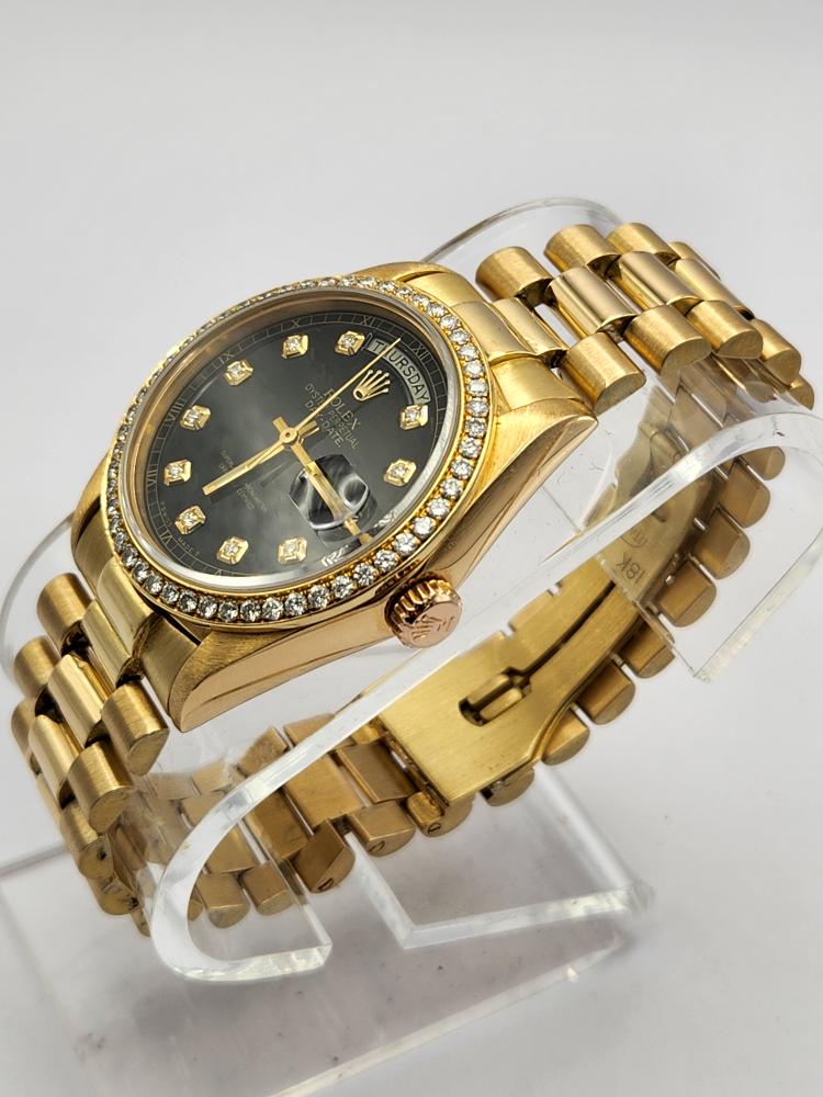 ROLEX PRESIDENT 18K DAY-DATE, DIAMOND BEZEL & BLACK DIAMOND DIAL Like ...