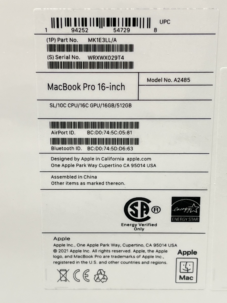 APPLE MAC PRO A2485 16" 2021 16GB RAM 512GB SSD APPLE M1 PRO CHIP Brand ...